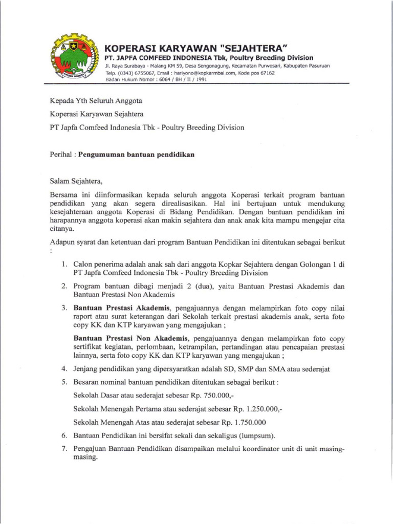 Bantuan Pendidikan - Kopkar Sejahtera | PDF