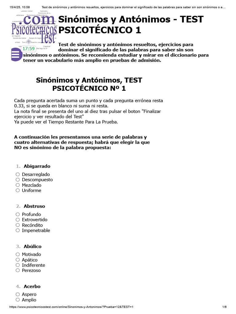 Test de Sinónimos y Antónimos | PDF
