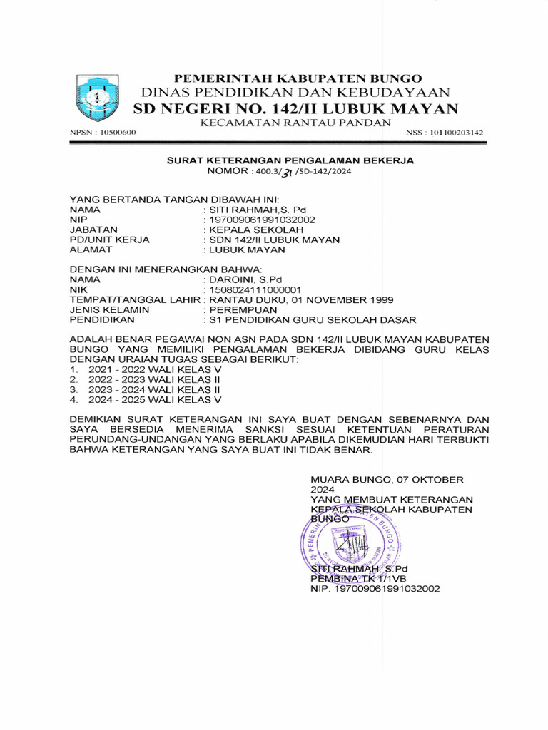 Pengalaman Kerja Daroini | PDF