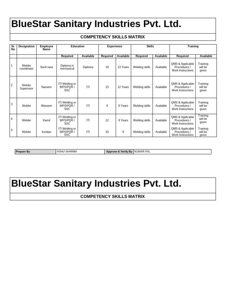 MRH Competence Skill Matrix To Check | PDF | Secondary Sector Of The Economy | Energy Conversion