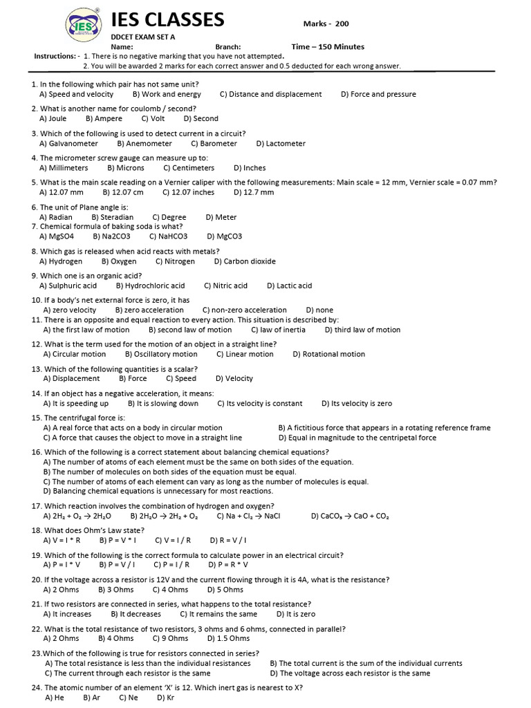 Ddcet 200 Marks Exam-3 Set A | PDF | Waves | Series And Parallel Circuits