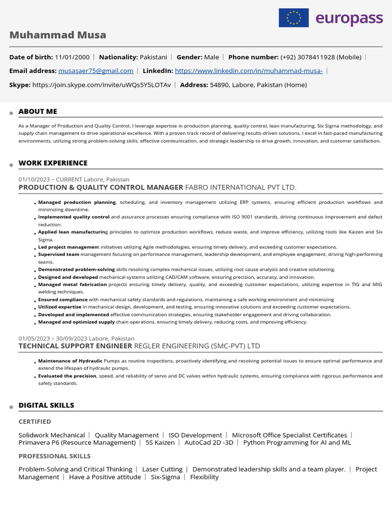Resume Muhammad Musa | PDF | Lean Manufacturing | Six Sigma