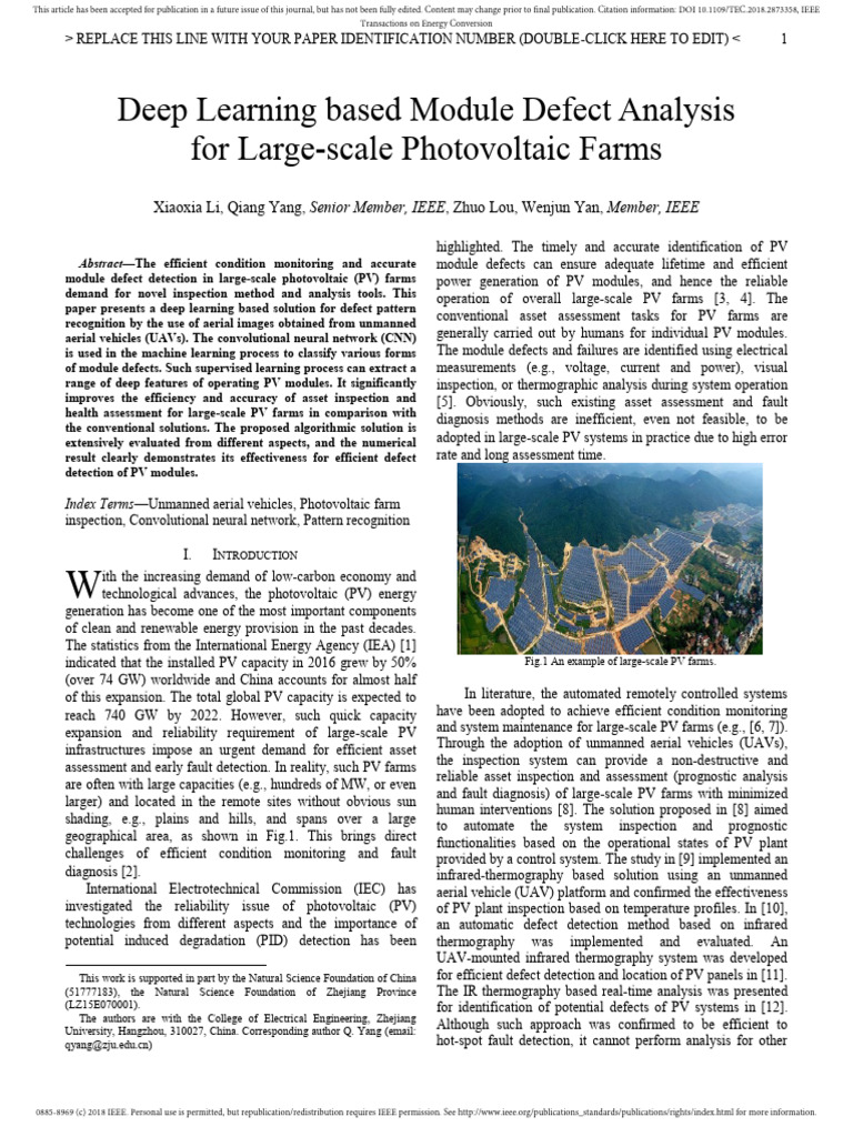 Deep Learning Based Module Defect Analysis For Large-Scale Photovoltaic Farms | PDF