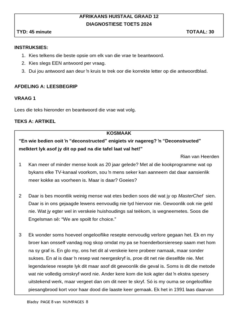 2024 AFR HT GR 12 Diagnostiese Toets TOETS | PDF