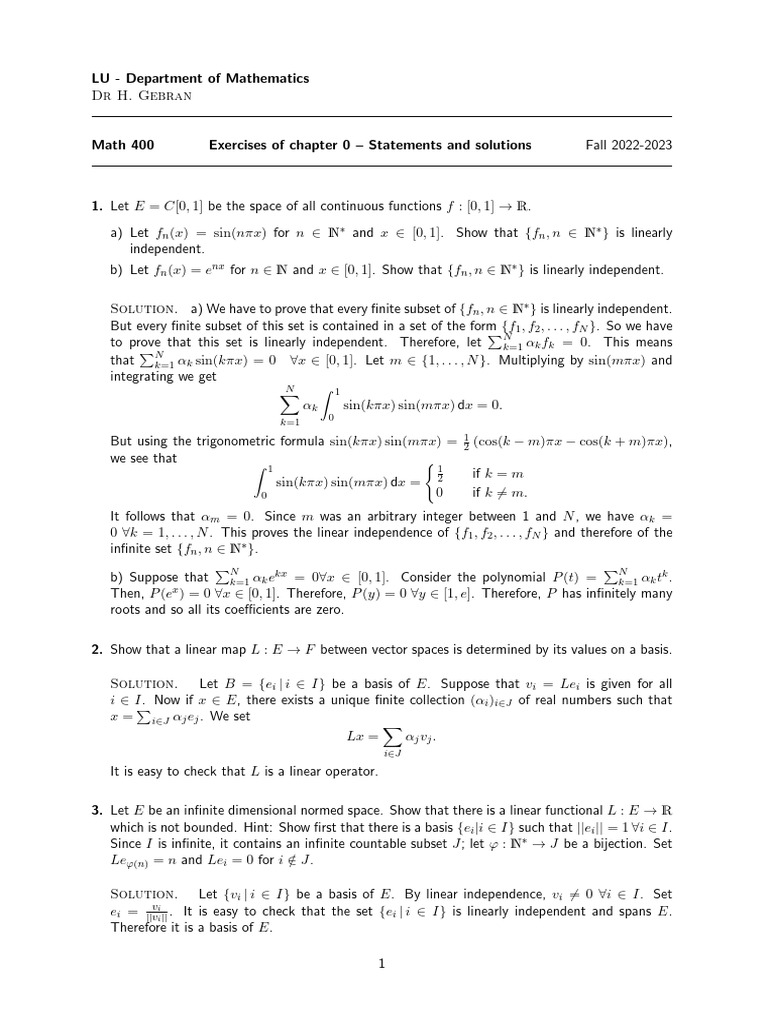 Math 400 Exercises: Linear Independence and Norms | PDF | Basis (Linear ...
