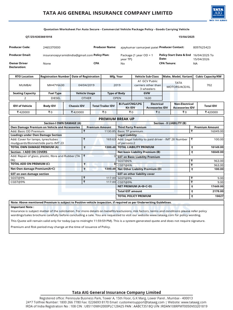 Tata AIG Motor Premium Quote 3189 QT 25 6303661918 | PDF | Insurance ...
