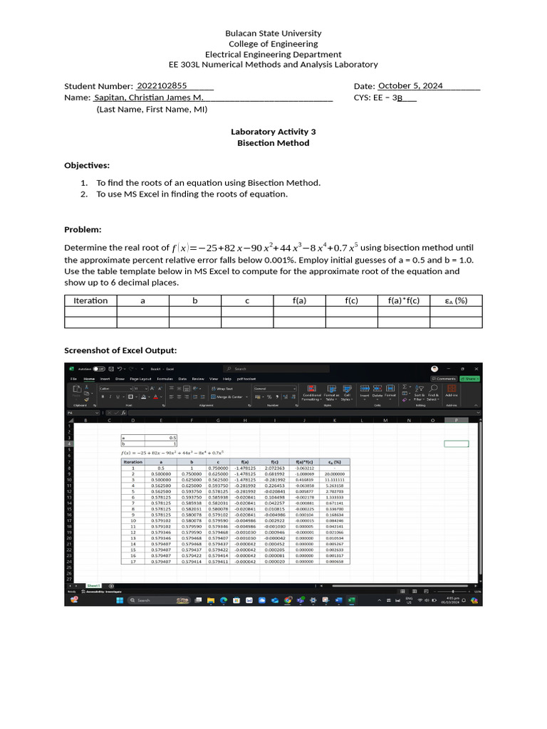 EE 303L Lab Act 3 - Bisection | PDF | Numerical Analysis | Algorithms And Data Structures