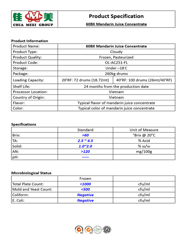 SPEC - 60BX Cloudy Mandarin Juice Conc | PDF | Food Science | Chemistry