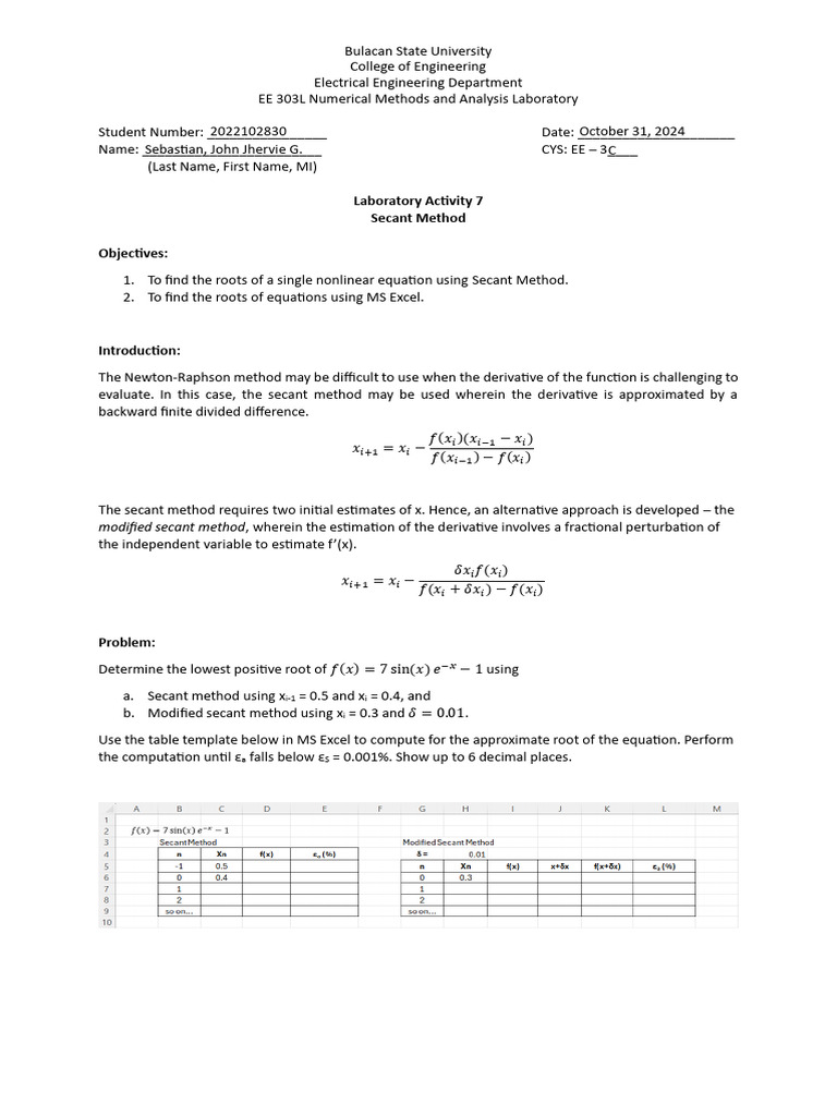 Sebastian, JJG - EE 303L Lab Act 7 - Secant Method | PDF | Numerical ...