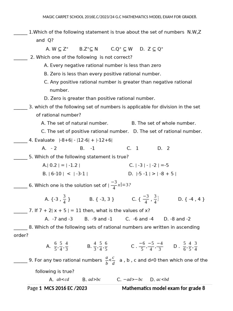 2016 Grade 8 Math Model Two | PDF | Numbers | Algebra