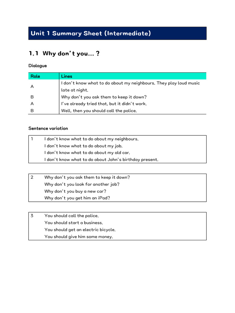 Unit 1 Summary Sheet (Int) | PDF