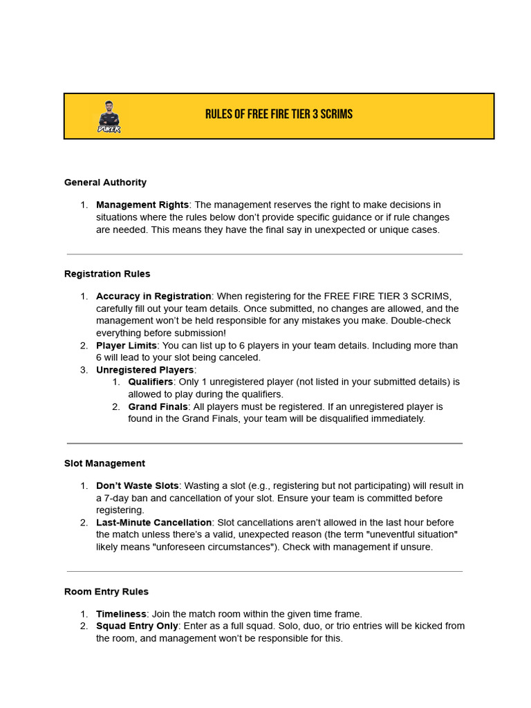 Rules & Roadmap of Free Fire Tier 3 Scrims | PDF