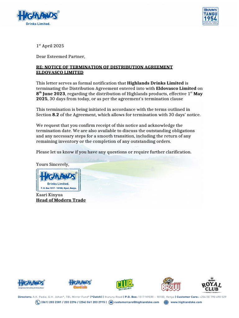 Eldovasco Termination 01042025 | PDF