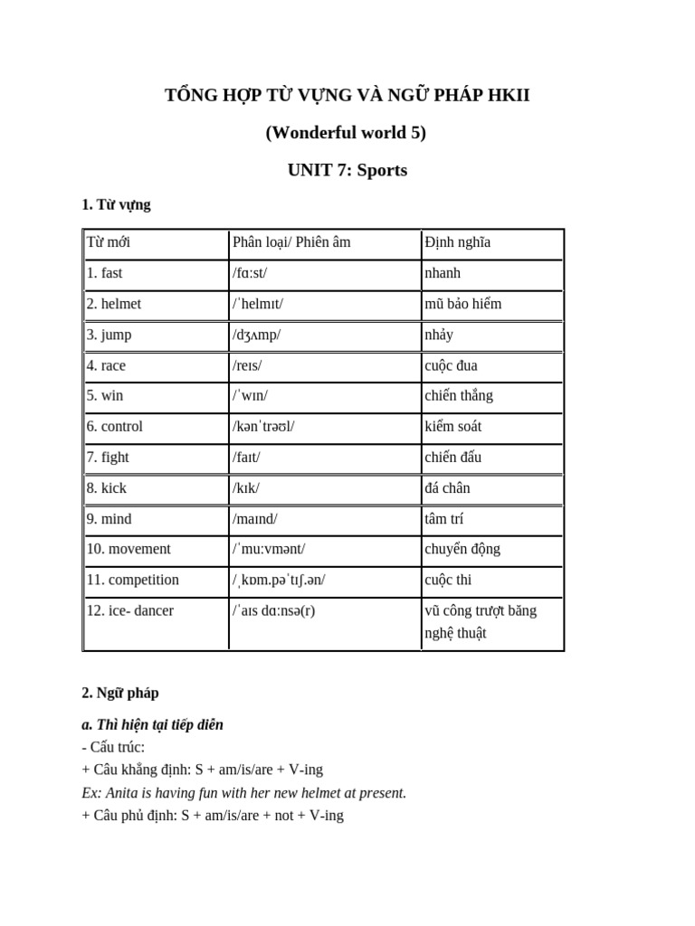 T NG H P T V NG Và NG Pháp Hkii (Wonderful World 5) UNIT 7: Sports | PDF