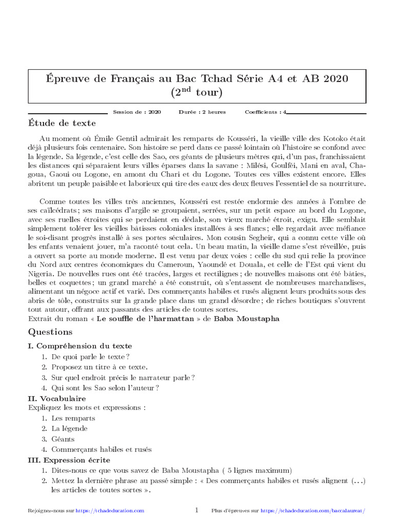 Épreuve de Français Bac Tchad 2020 | PDF