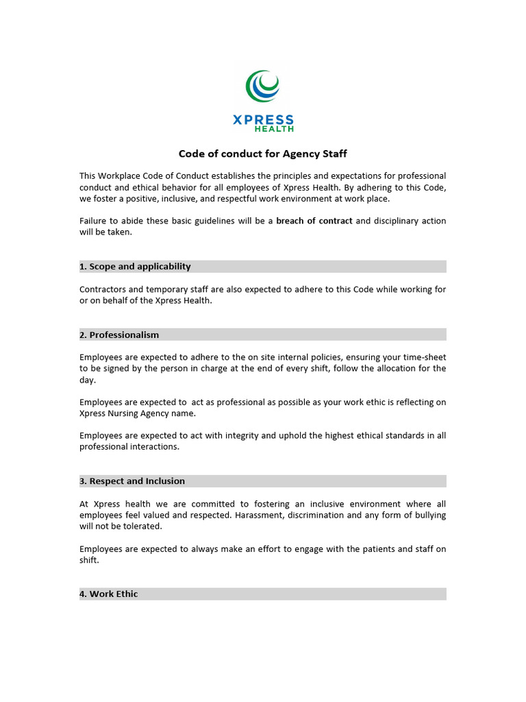 Xpress Health Agency Staff Code of Conduct | PDF | Employment | Business