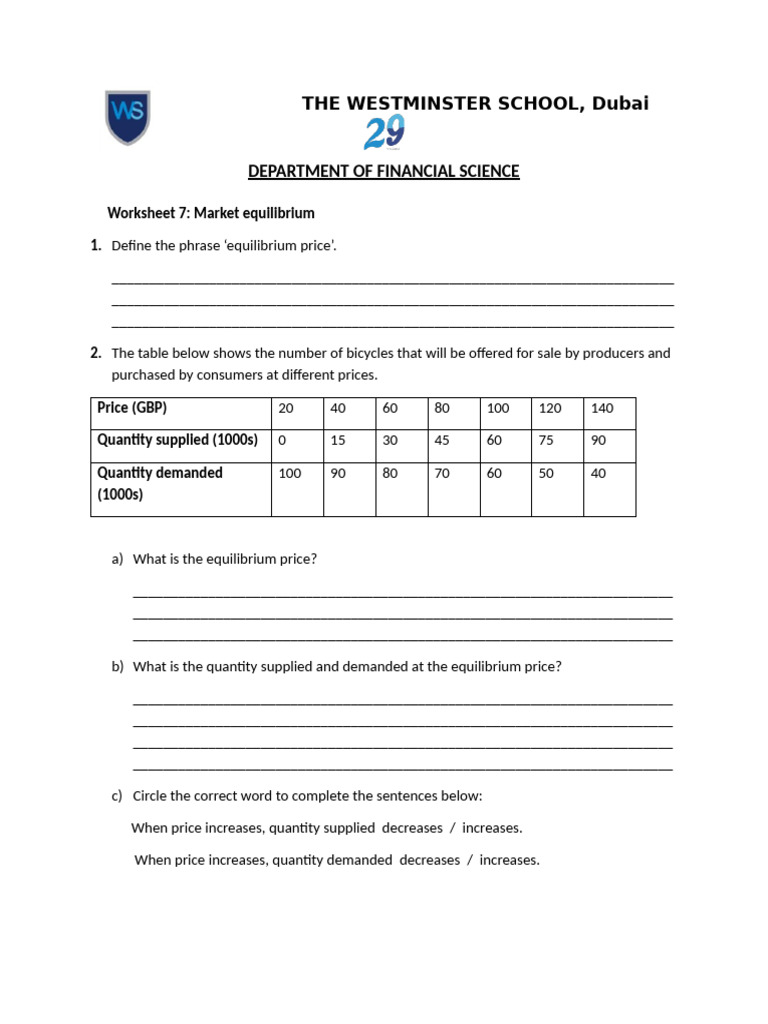 Worksheet Market equilibrium | PDF | Economic Equilibrium | Demand