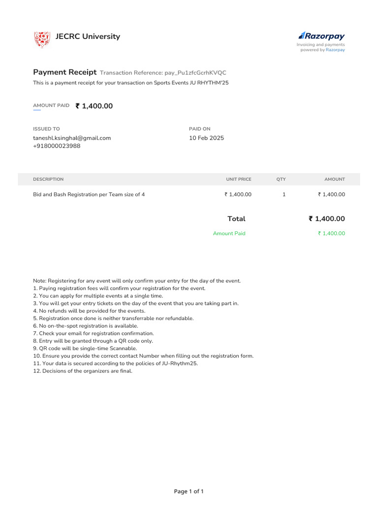 Receipt Pay - Pu1zfcGcrhKVQC From JECRC University (Paid) | PDF