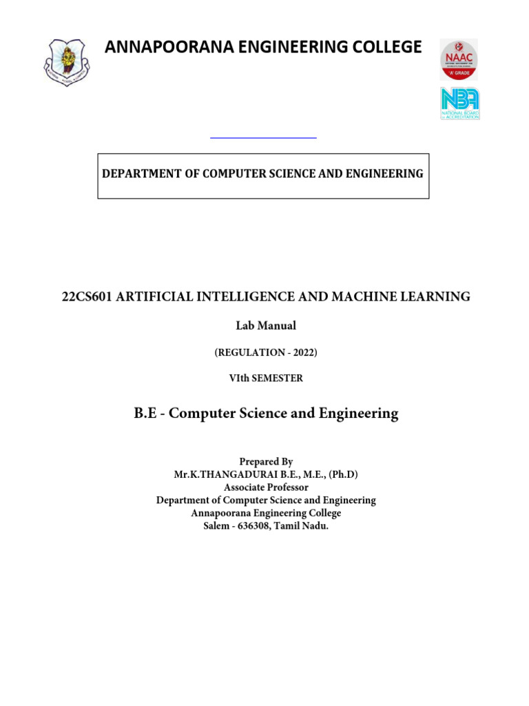 22CS601 ARTIFICIAL INTELLIGENCE AND MACHINE LEARNING - Lab Manual | PDF ...