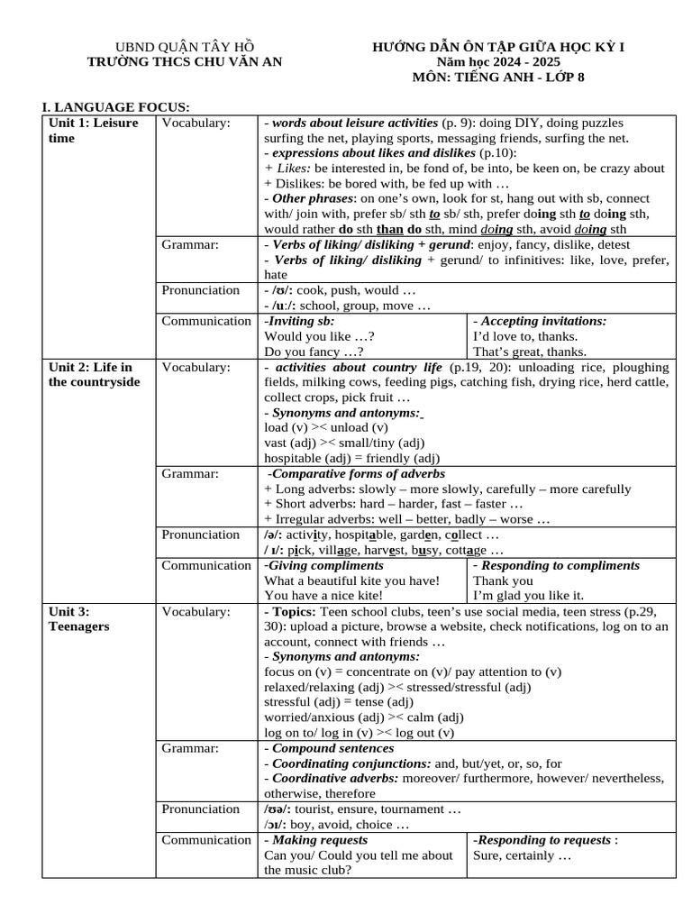 Anh 8 - HDOT GK I - 2024.2025 (HS) 2 | PDF | Languages | Foreign Language Studies