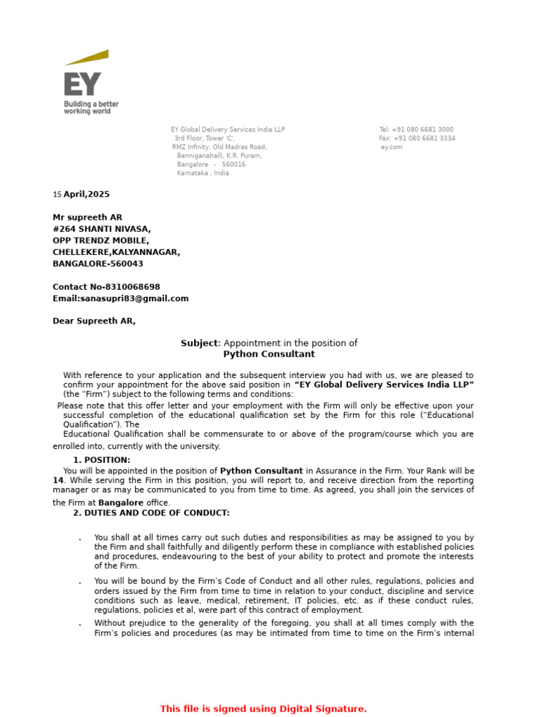 Supreeth EY Offer Letter | PDF | Employment | Confidentiality