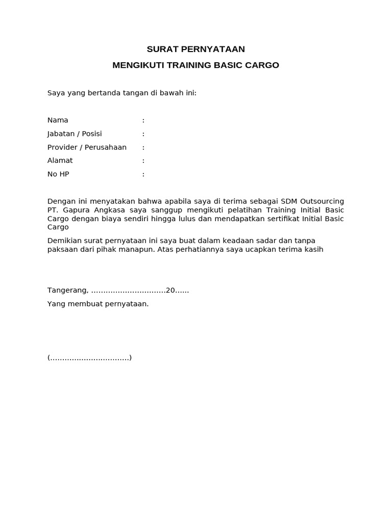 Surat Pernyataan Training Basic Cargo | PDF