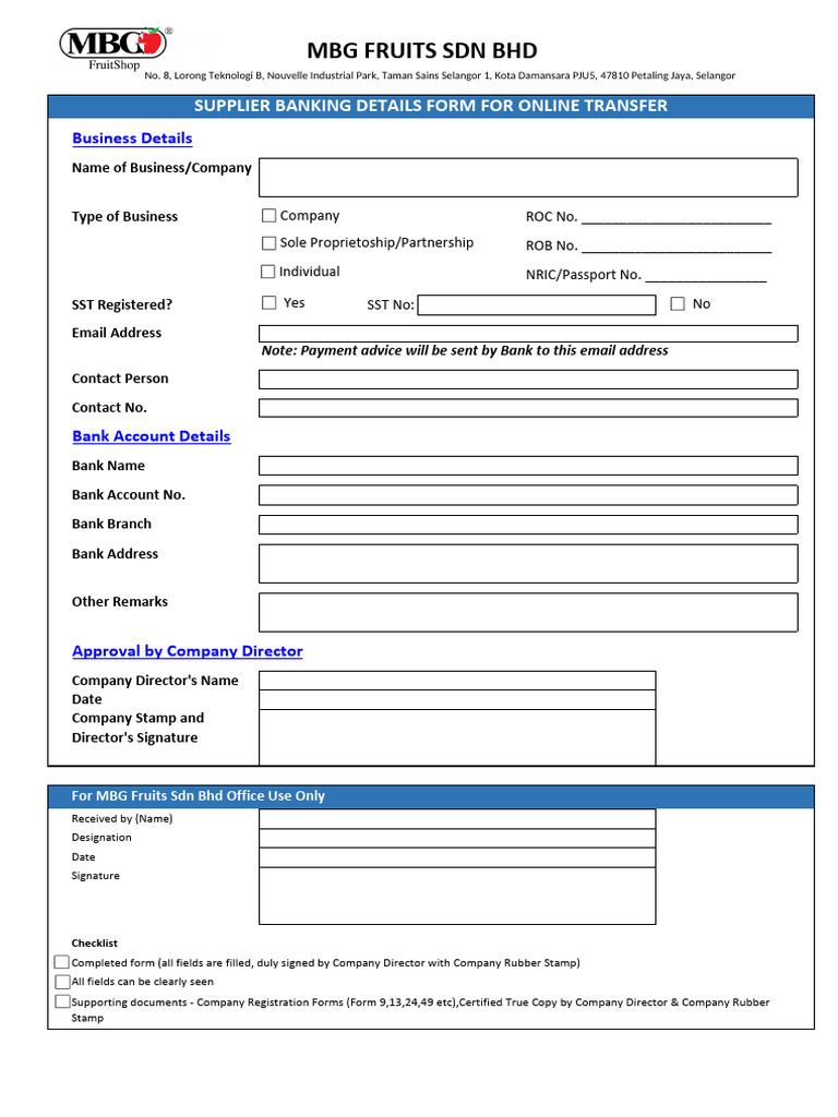 Supplier Banking Details Form For Online Transfer | PDF