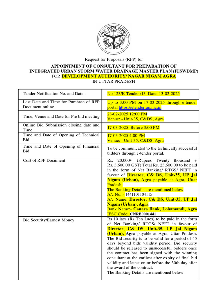 Agra Urban Drainage Master Plan RFP | PDF | Flood | Drainage Basin