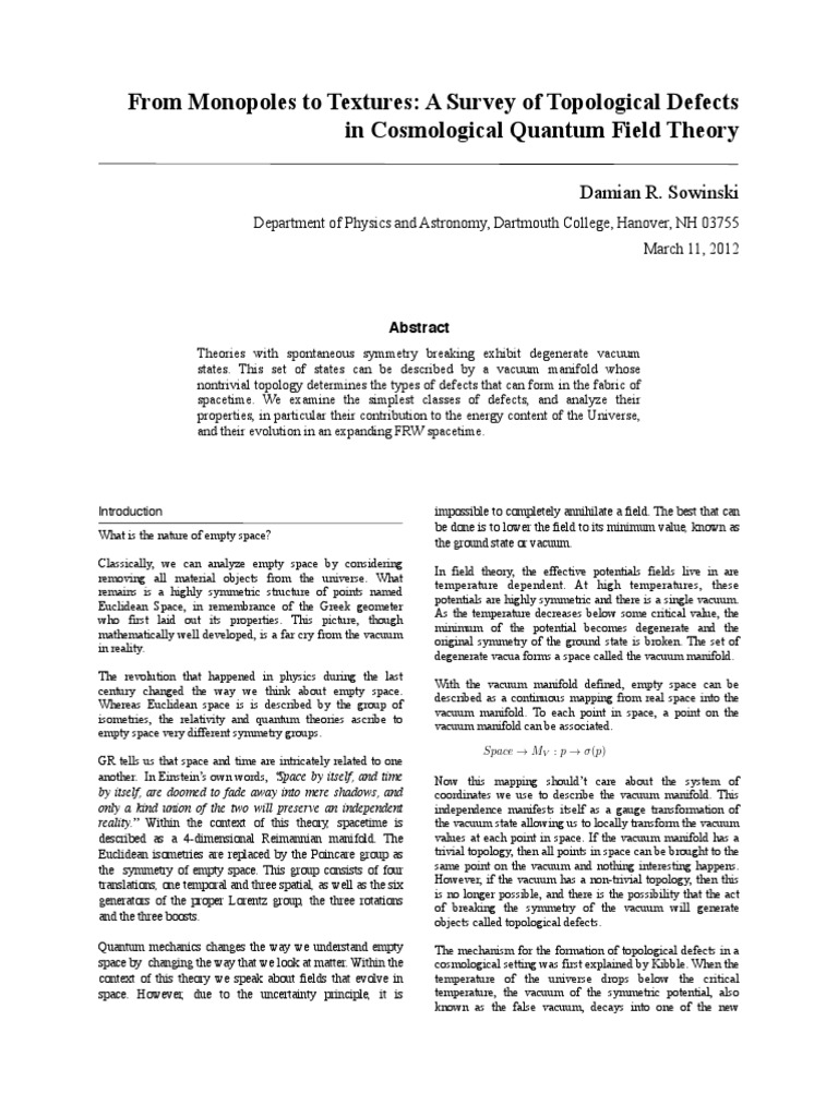 From Monopoles To Textures: A Survey of Topological Defects in Cosmological Quantum Field Theory ...