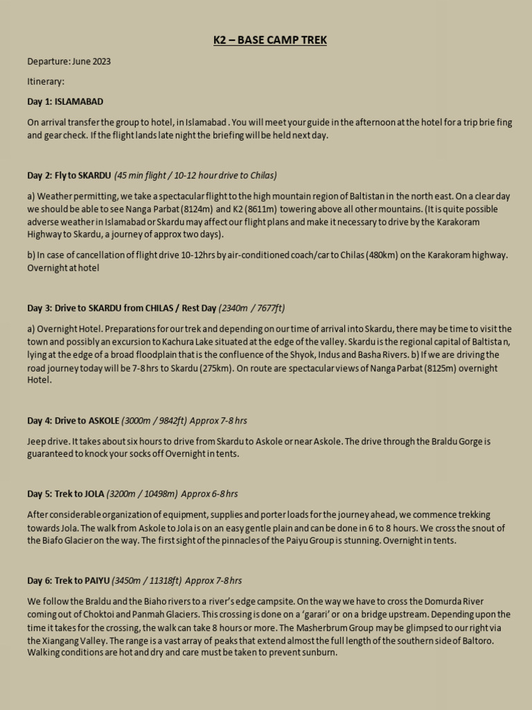 K2 Base Camp Trek Itinerary 2023 | PDF | Earth Sciences