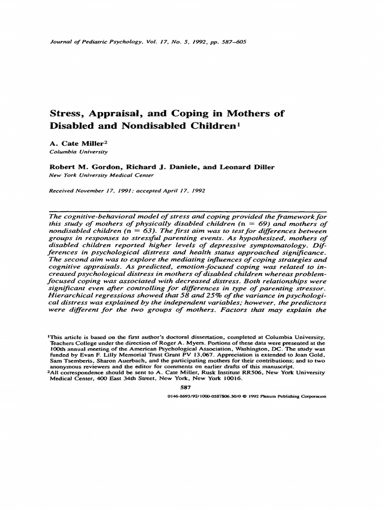 (Miller Et Al., 1992) Stress, Appraisal, and Coping in Mothers of ...