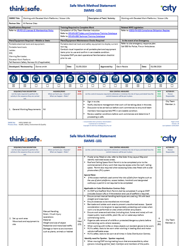 SWMS-101-Working-with-Elevated-Work-Platforms-Scissor-Lifts | PDF | Elevator | Risk
