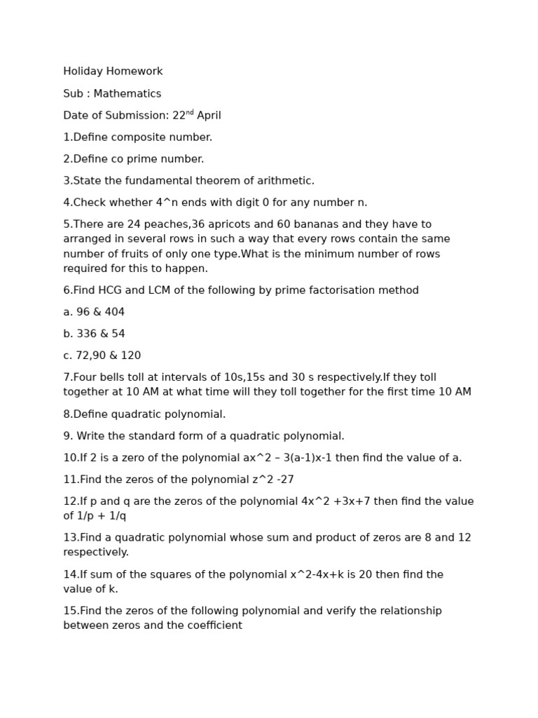 Mathematics Holiday Homework | PDF