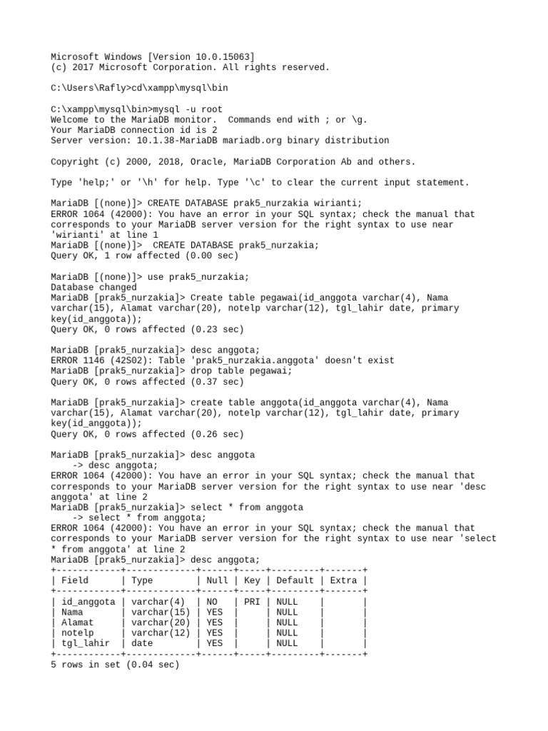NURZAKIA WIRIANTI - 19001108-Prak5 | PDF | My Sql | Table (Database)