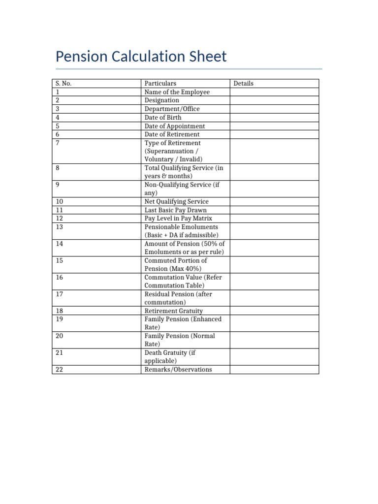Pension Calculation Overview Sheet | PDF
