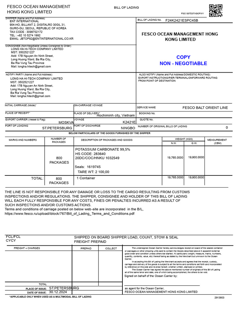 F24K2421ESPC45B Add 49 2 BL Draft | PDF | Bill Of Lading | Cargo