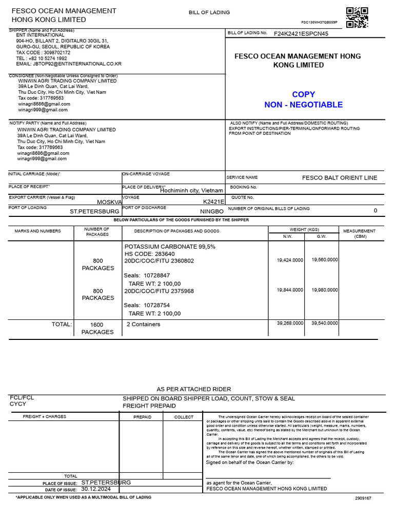 Bill of Lading for Potassium Carbonate | PDF | Bill Of Lading | Cargo