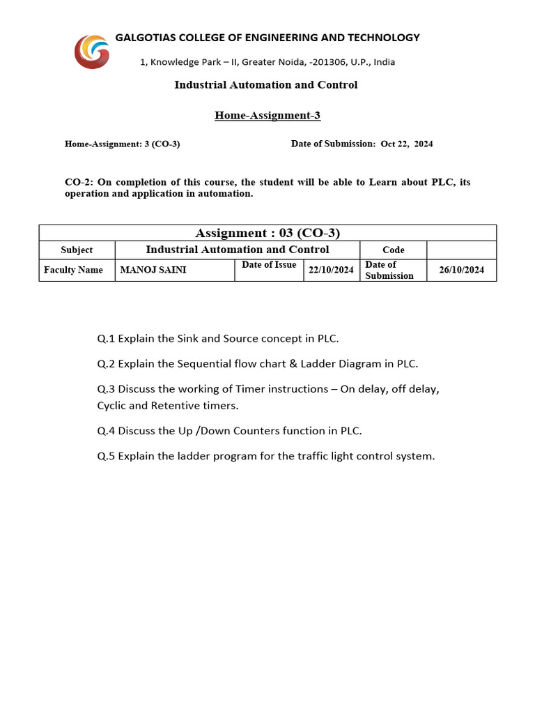 Assignment: 03 (CO-3) : Galgotias College of Engineering and Technology | PDF