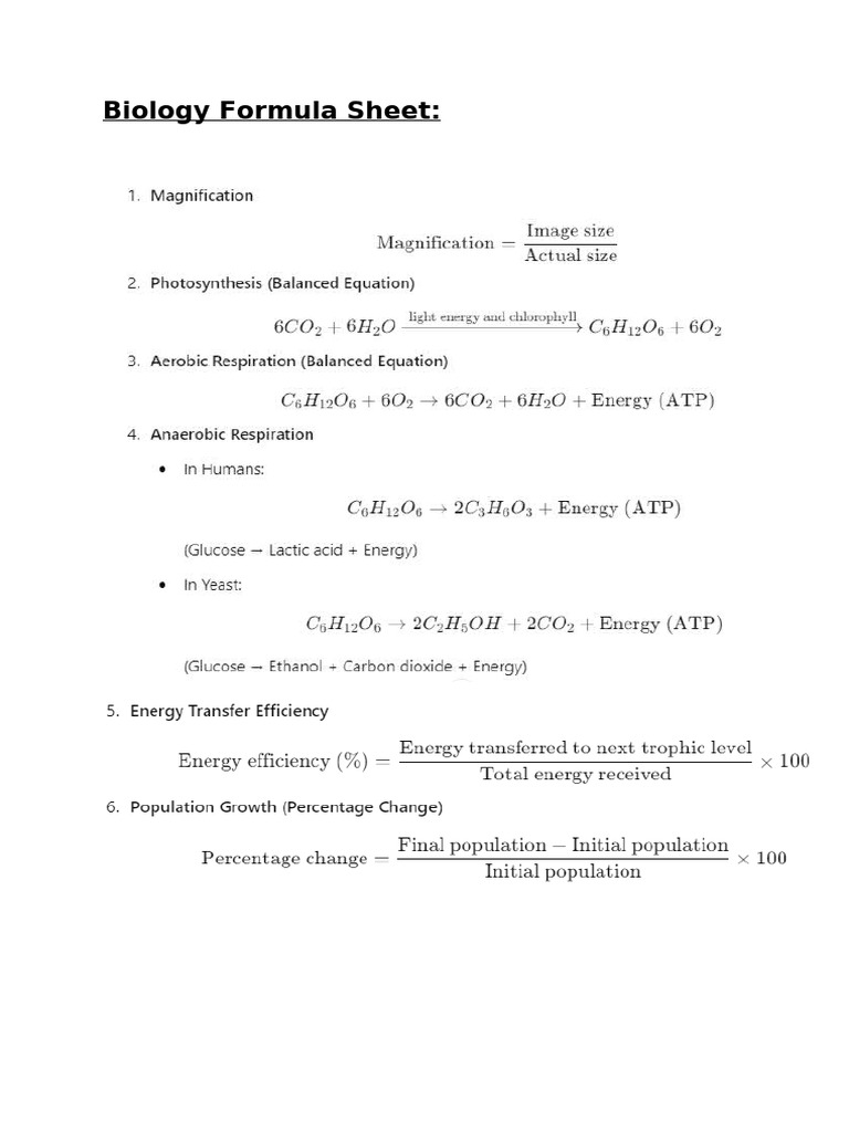 Biology Formula Sheet | PDF