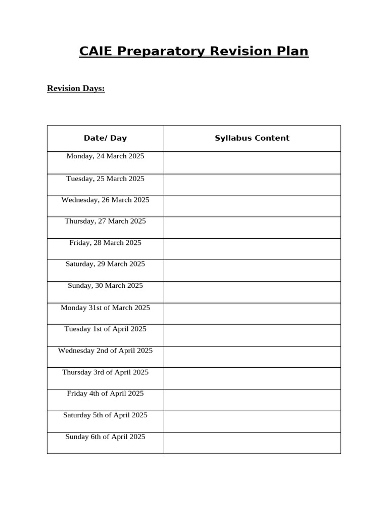 CAIE Preparatory Revision Plan | PDF