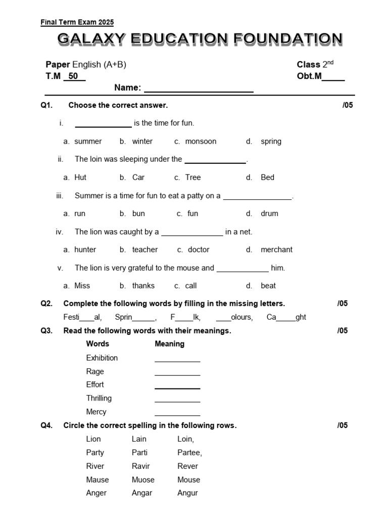 2025 Class 2 English Exam Paper | PDF