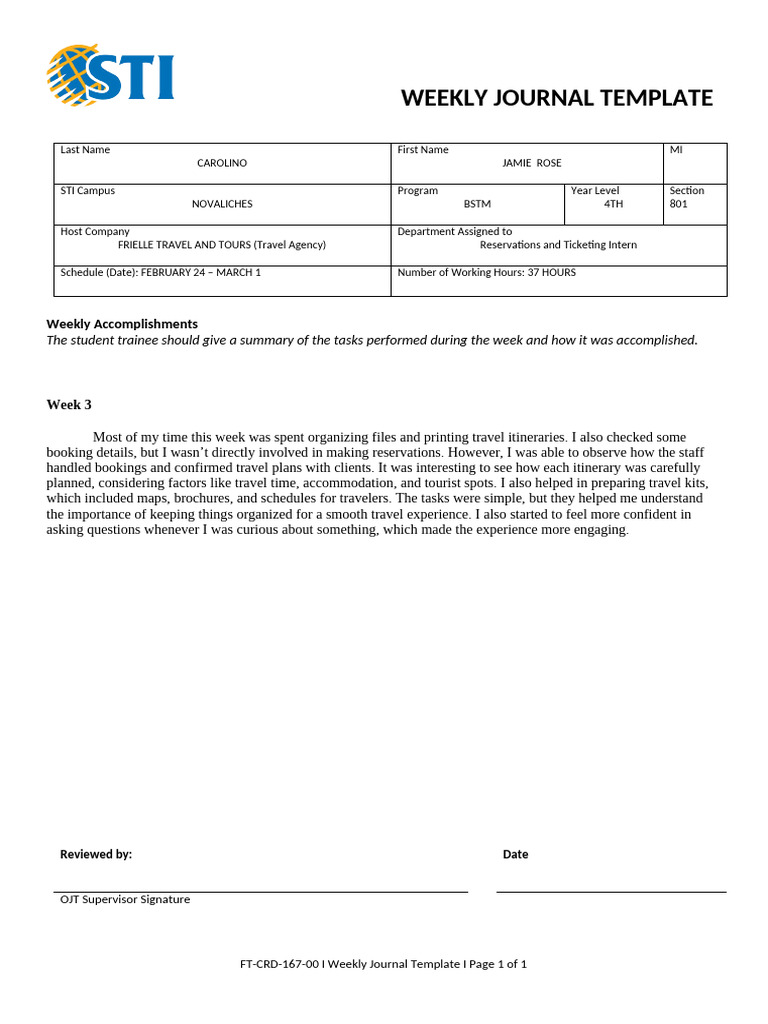 FT-CRD-167-00 - Weekly - Journal - Template WEEK 3 | PDF