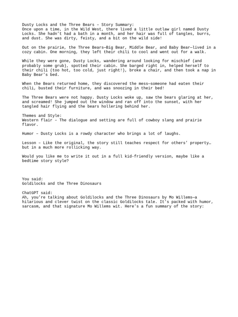 Dusty Locks and the Three Bears Summary | PDF