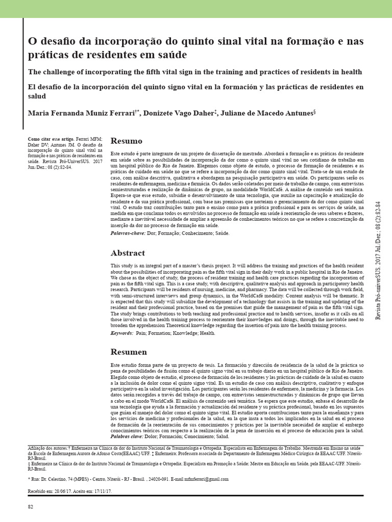 Incorporação da Dor como Quinto Sinal Vital | PDF | Dor | Enfermagem