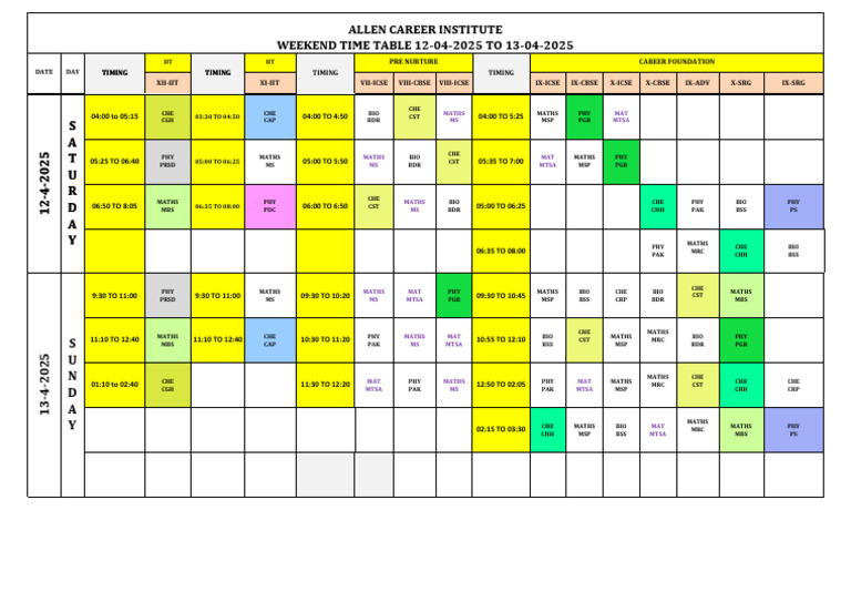 Weekend Timetable 12-04 To 13-04-2025 | PDF