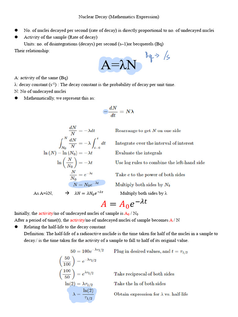 Nuclear Decay (Maths Expression) Notes | PDF | Radioactive Decay | Atoms