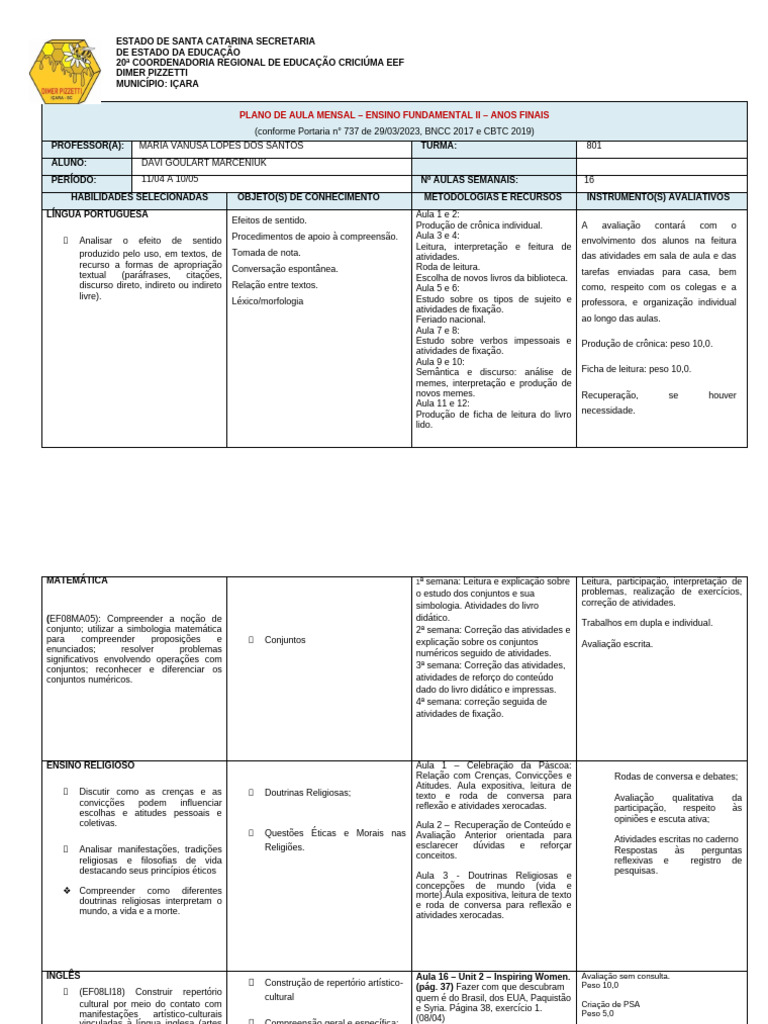 Plano de Aula Mensal - Ensino Fundamental II | PDF | Doutrina | Lição