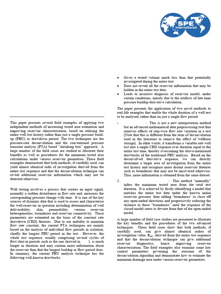 SPE109053 Use of PTA Techniques To Improve Drainage Area Calcs | PDF ...