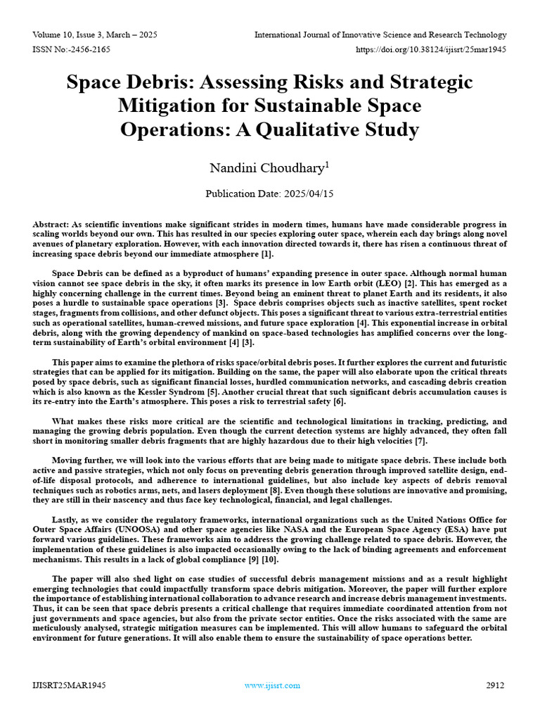 Space Debris: Assessing Risks and Strategic Mitigation for Sustainable Space Operations: A ...