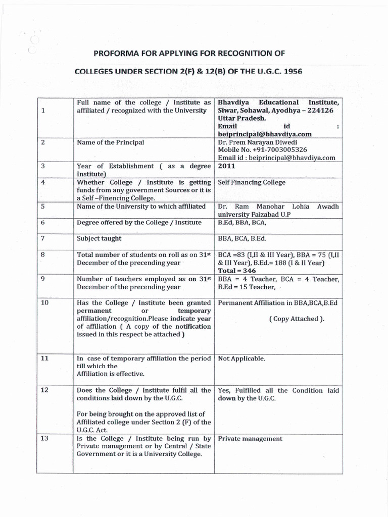 Proforma For Applying For Recognition of College Under Section 2F 12B ...